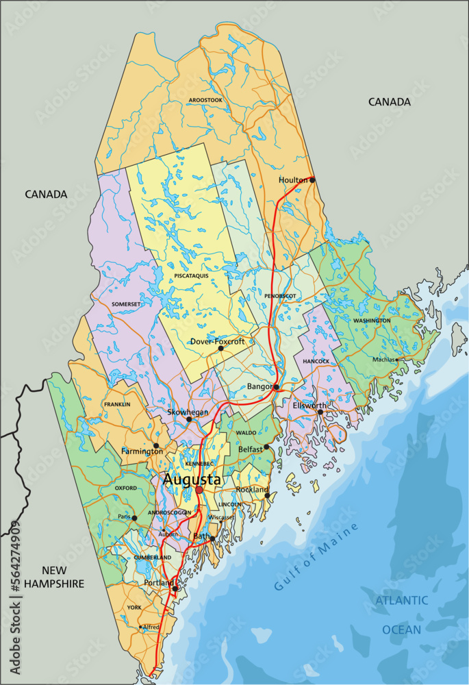 Maine - Highly detailed editable political map with labeling. Stock ...