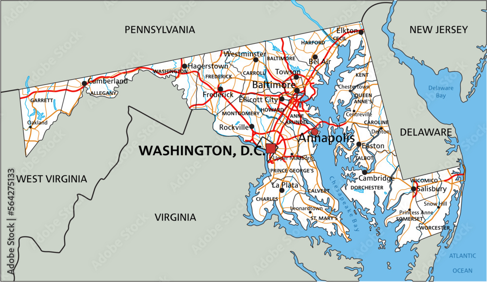 High detailed Maryland road map with labeling. Stock Vector | Adobe Stock