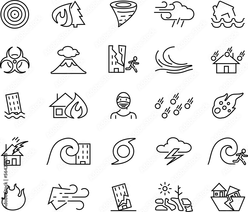 Poster Collection of natural disaster icons. Simple black symbols ...