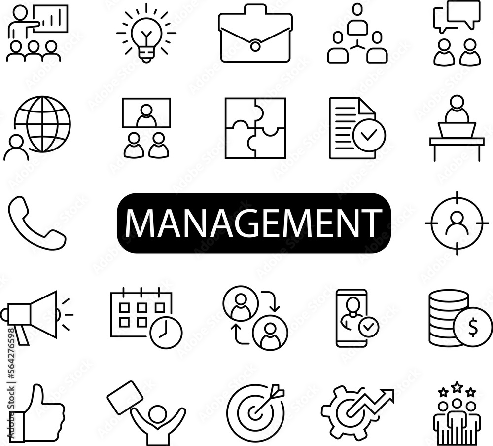 Set of outline icons. Management process, finance. Collection of simple ...