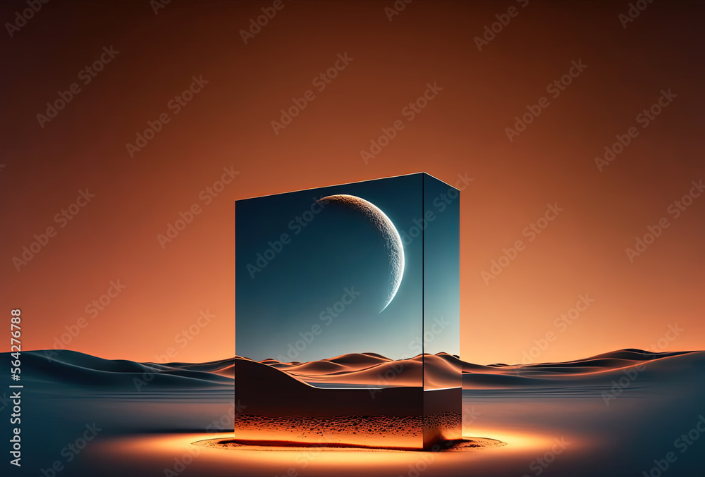 ภาพประกอบสต็อก A surreal night desert landscape. Abstract sand dunes reflected in a square ...