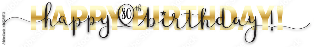 HAPPY 80th BIRTHDAY! black and metallic gold typography banner with ...