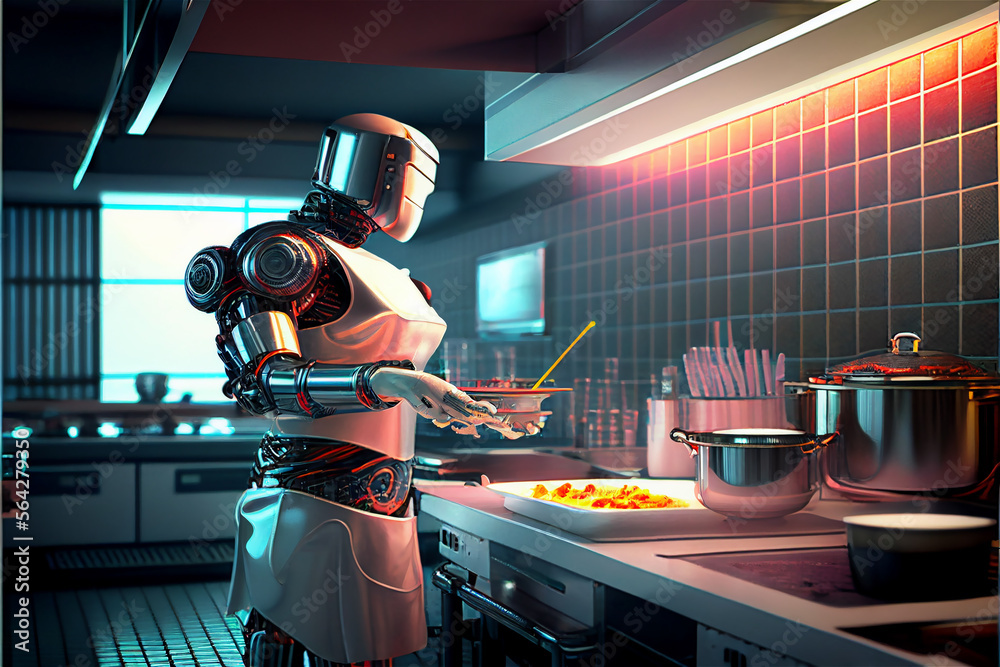 Humanoid robot cooking in futuristic kitchen delicious food, future ...