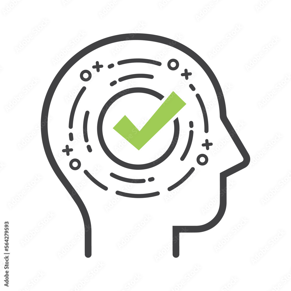 Human head silhouette and green checkmark icon. Tick in green circle ...