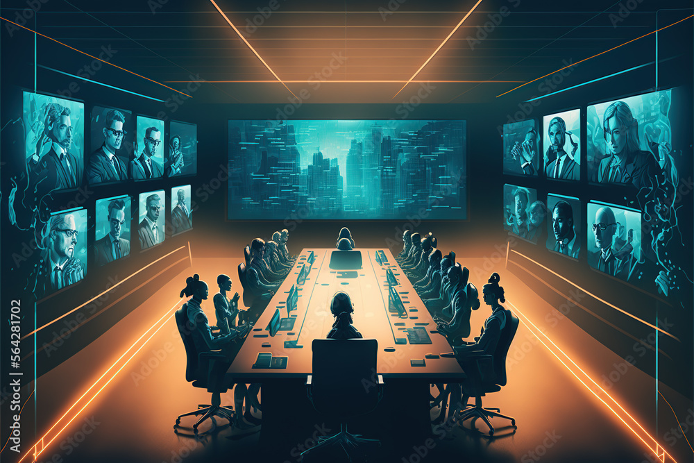 A modern and high-tech conference room, with multiple video screens and ...