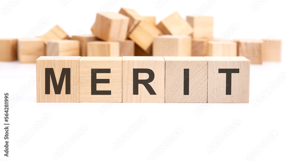 text MERIT made of wooden cubes and different words on white background ...