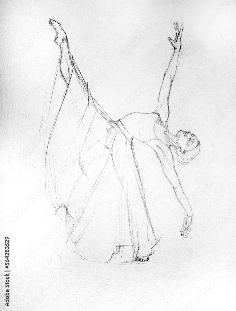 Pencil drawing, illustration. A beautiful young dancer in a dress ...