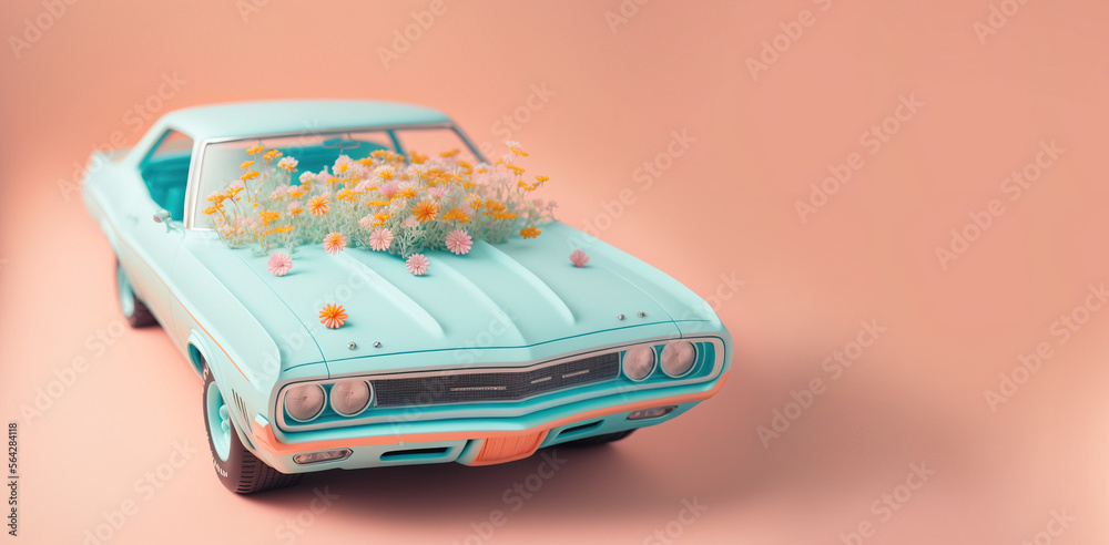 Illustration of a blue retro car full of fresh spring flowers on a ...