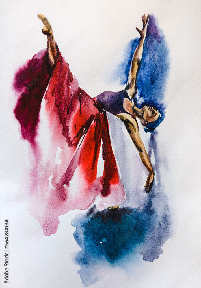 Watercolor illustration. A beautiful young dancer girl in a red dress ...