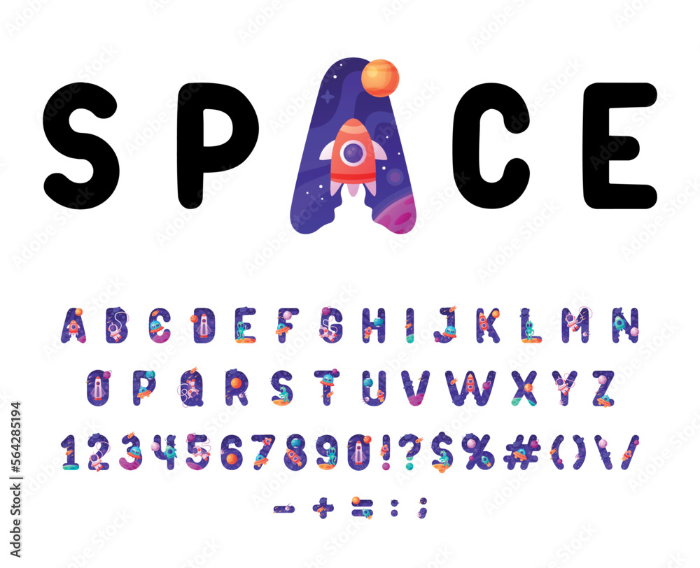Space Font And Alphabet With Cosmic Capital Letters And Numbers Vector