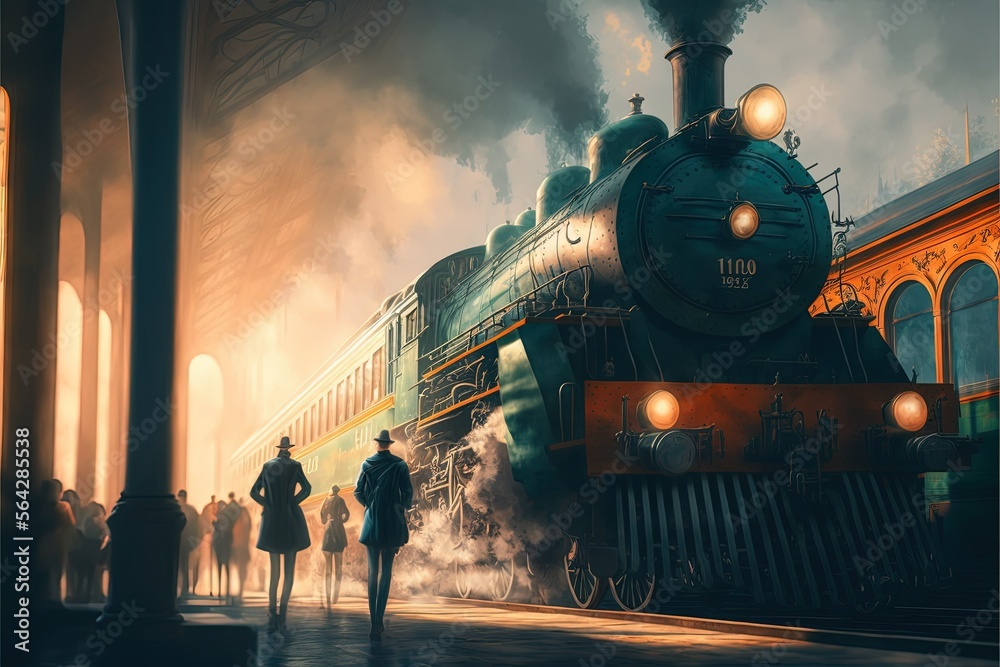 Vintage steam train locomotive, in train station. Beautiful vintage ...