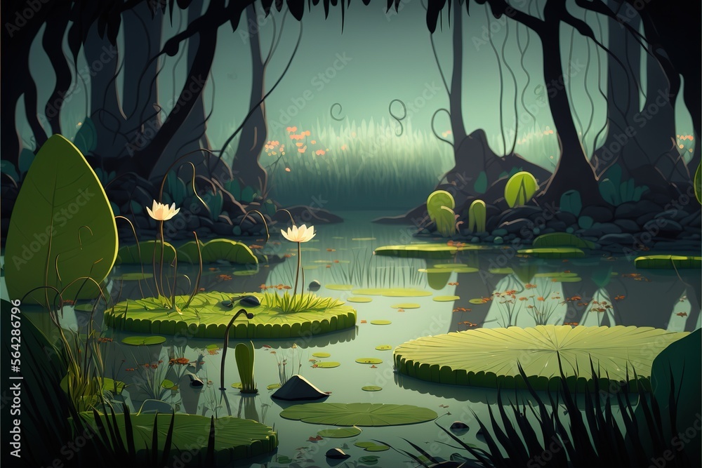 Swamp cartoon landscape. Forest background with marsh and lake. 3d ...