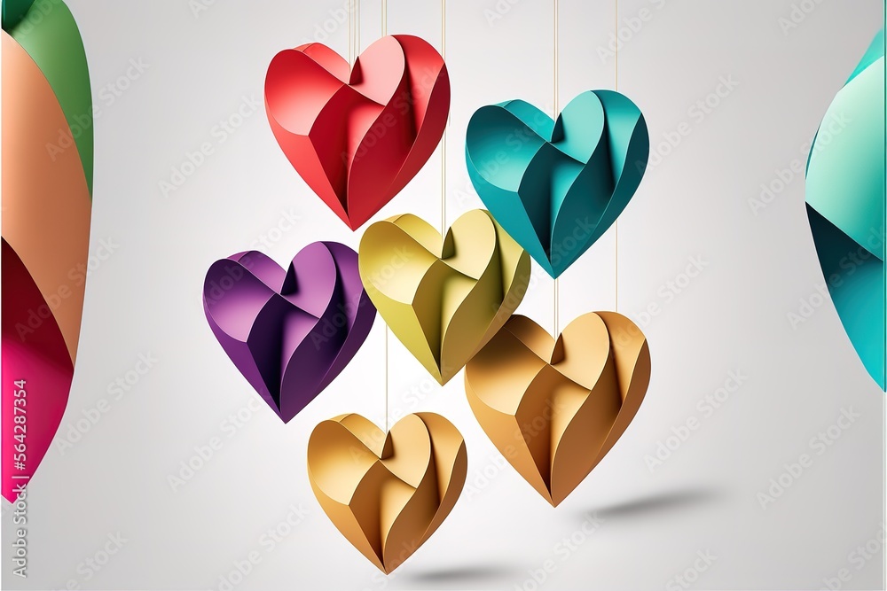 Vector multicolor hanging hearts on an isolated transparent background. Paper hearts png. Paper ...