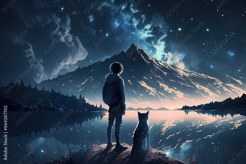 Lofi boy starring at beautiful landscape at night. Generative AI Stock ...