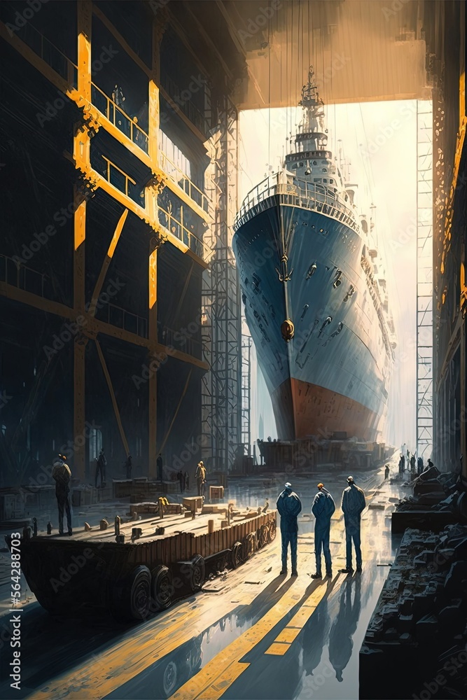 Old interbelic shipyard, dry doc. Naval factory, A new ship is ready ...
