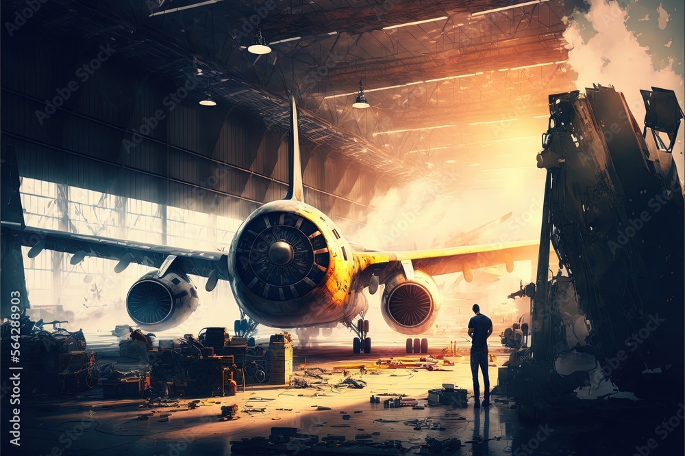 Hangar facility illustration. Warehouse hangar and passenger plane ...
