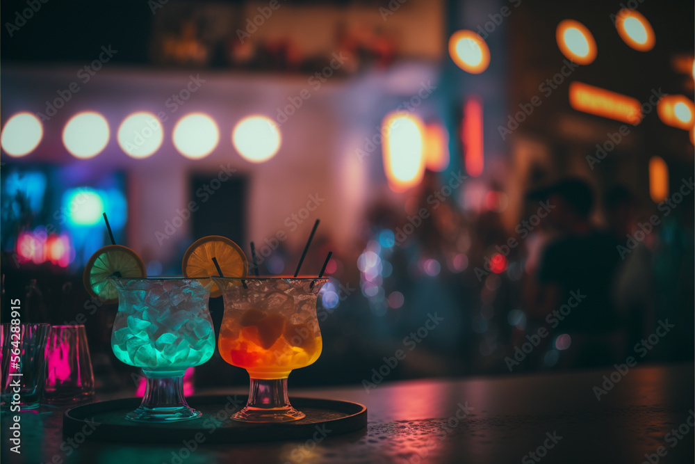 Cocktail bar background, with various colorful cocktails and some ...