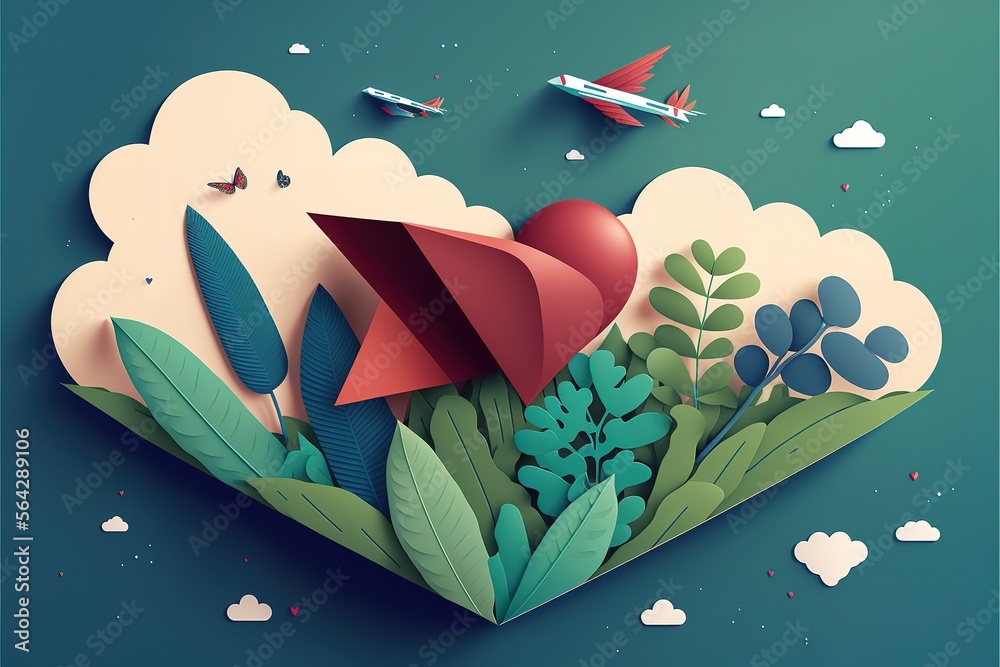 Paper plane flying in the sky with heart shape and plants, paper art ...