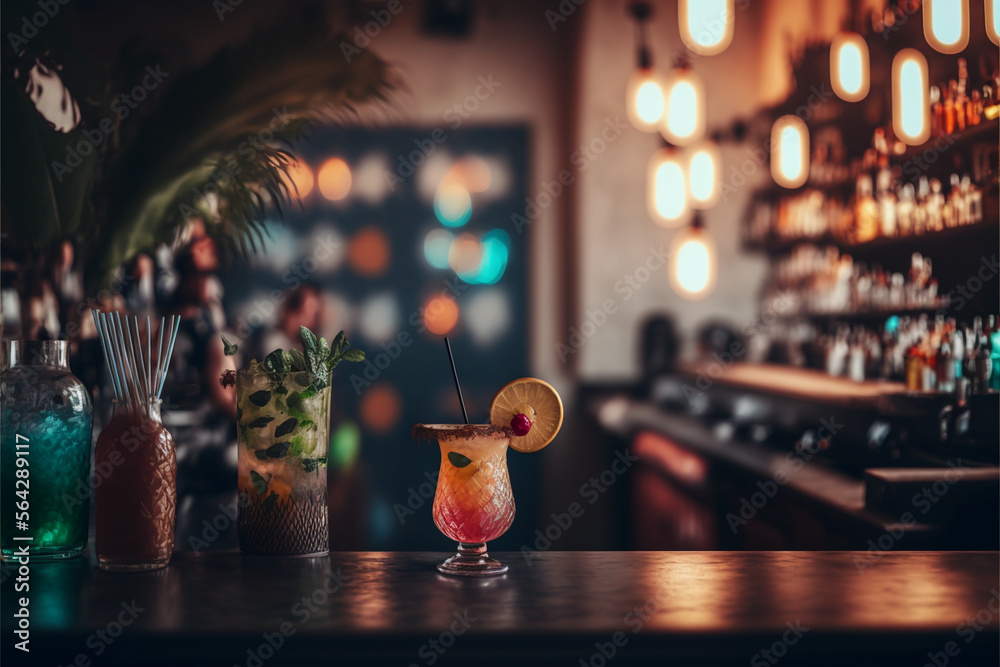 Cocktail bar background, with various colorful cocktails and some ...