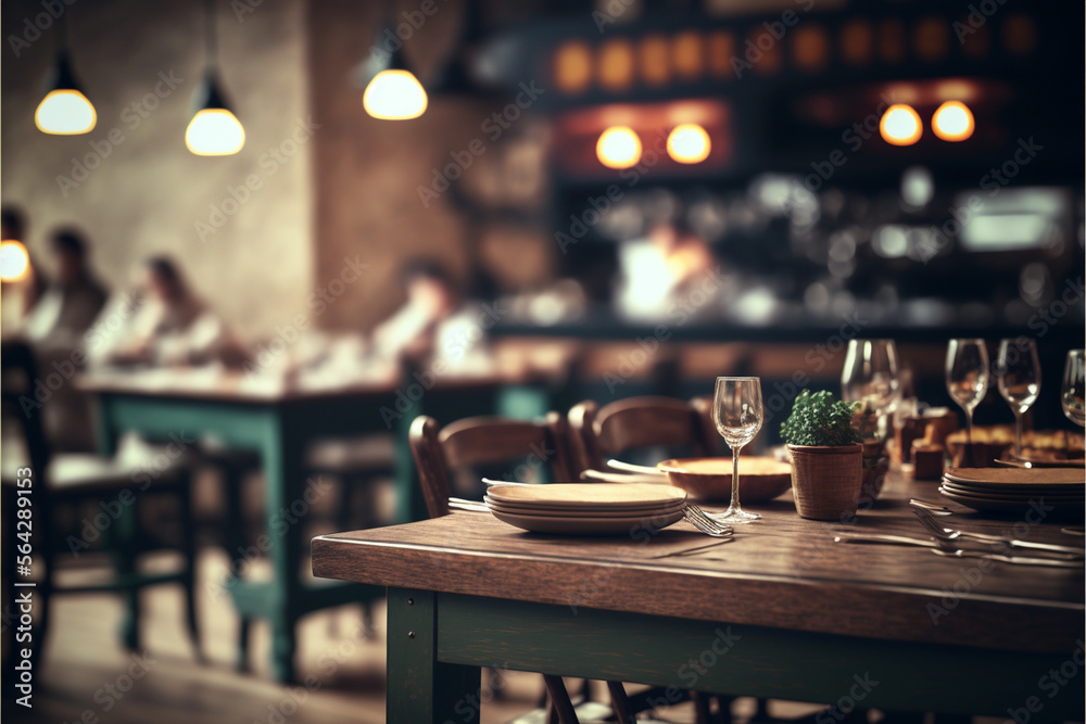 blurred restaurant background with some people eating and chefs and ...