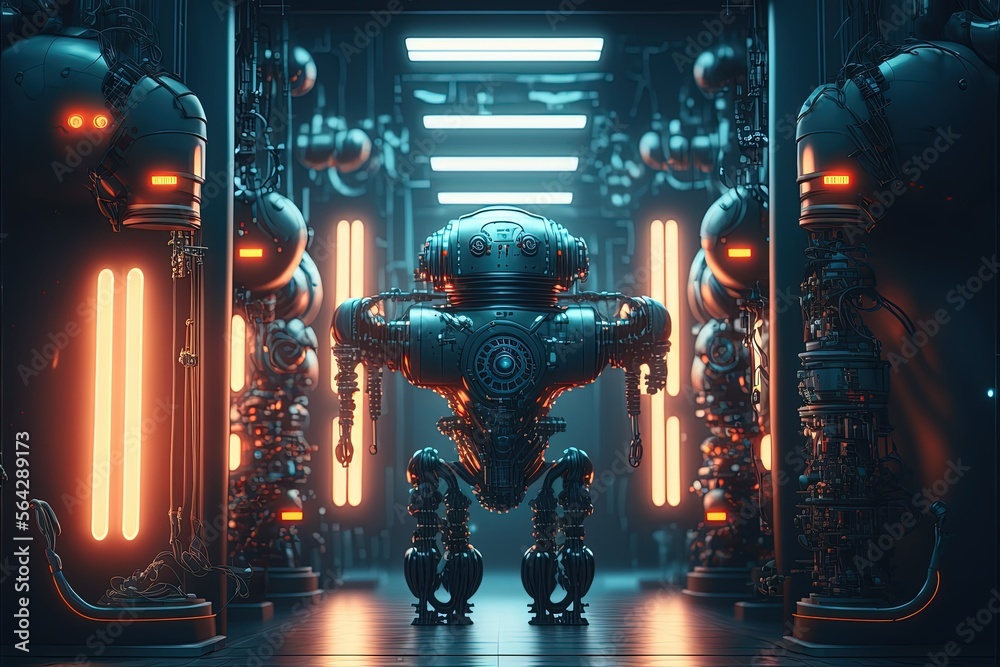 3d interior assembly line in a modern factory, industrial robots ...