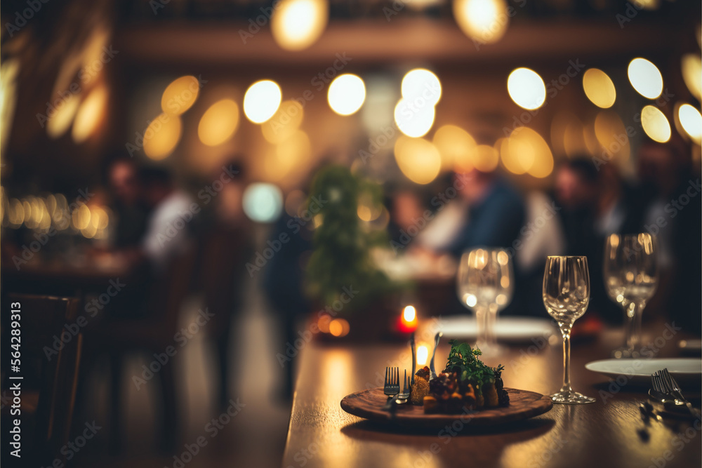 blurred restaurant background with some people eating and chefs and ...