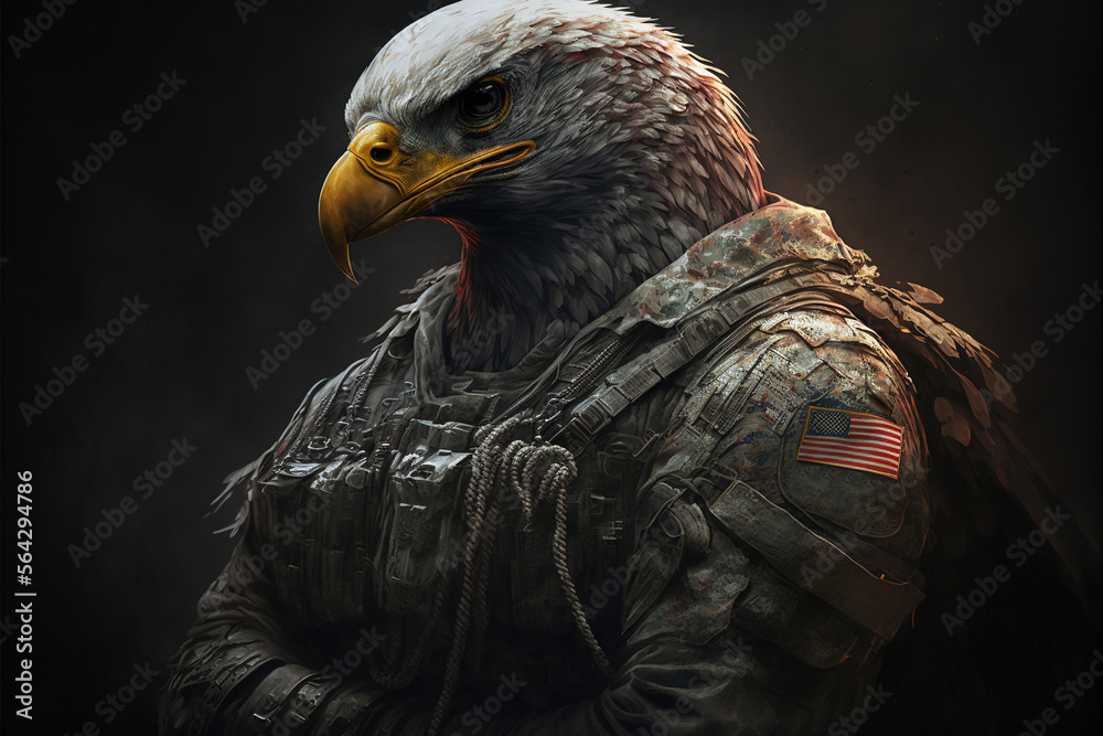 Generative AI Illustration of a bald eagle head in human body soldier ...