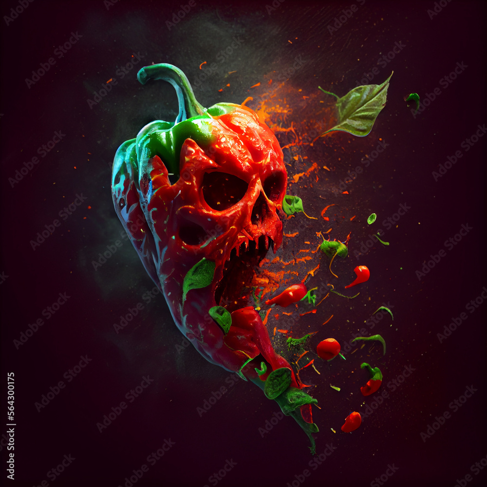 Very hot ghost pepper isolated on black background skull exhaleing ...