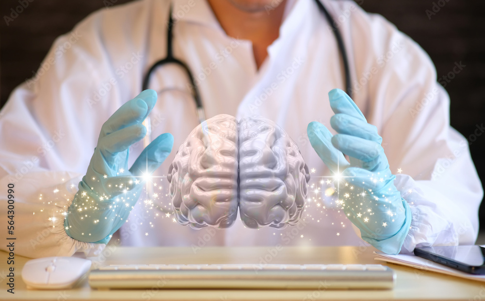 Doctor, surgeon analyzing patient brain testing result and human ...