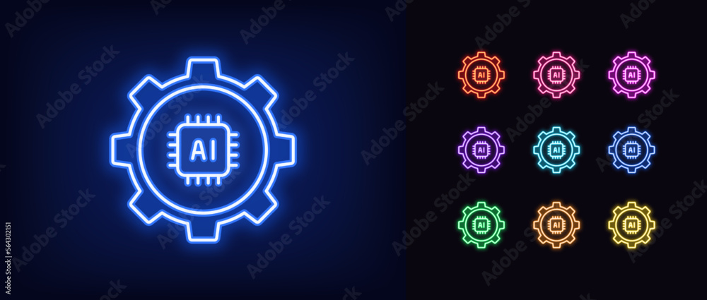 Outline neon AI settings icon set. Glowing neon gear wheel frame with ...