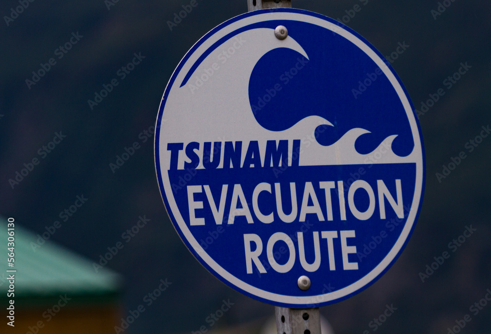 Road sign indicating emergency Tsunami Evacuation Route is public ...