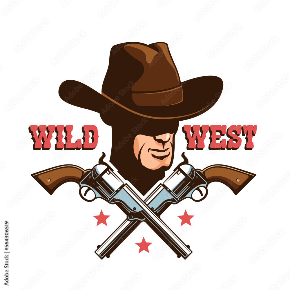 Vetor de Western cowboy retro logo. Cowboy in hat and crossed guns ...