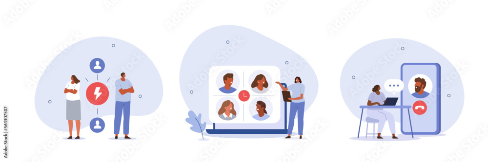 Management illustration set. Characters preparing and planning ...