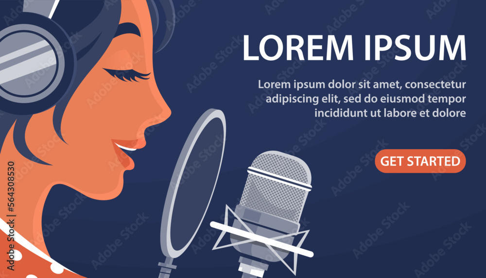 Young girl singer in a recording studio. Microphone and headphones ...