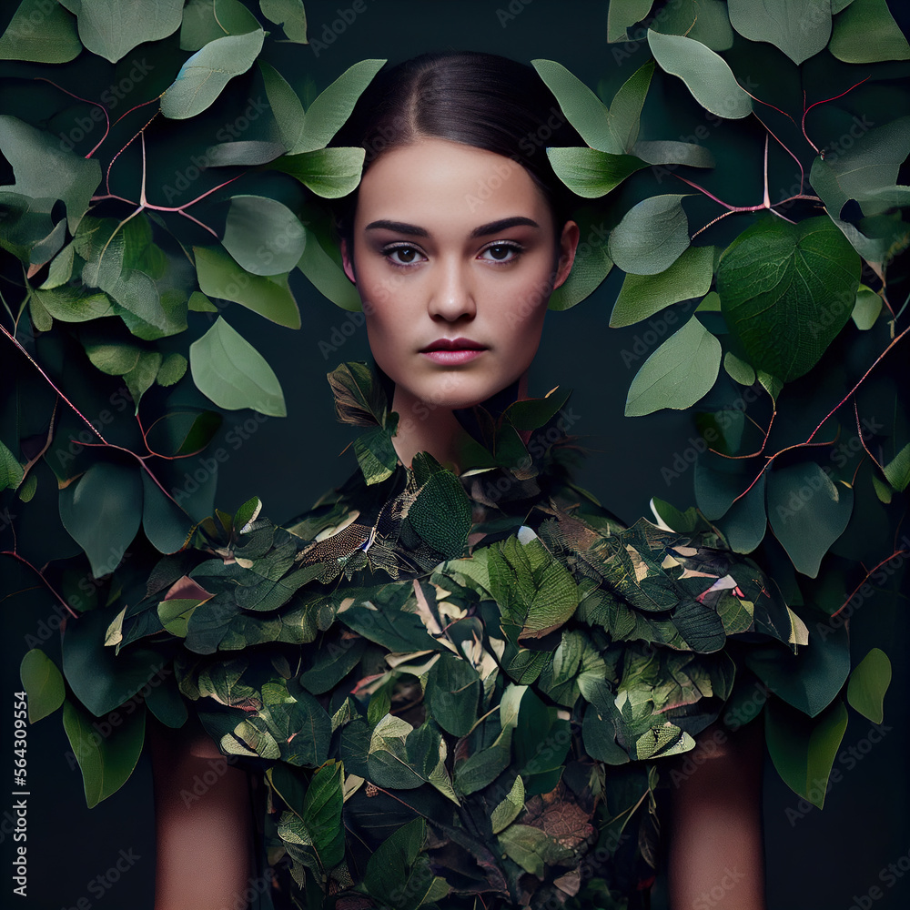 fashion model wearing dress with green leafs, sustainable fashion ...