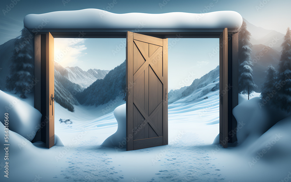 Open wooden gate to the winter landscape. Digital art with oil painting ...