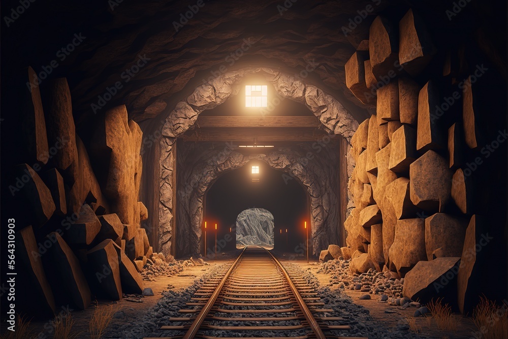 Mine tunnel inside view, cave with railway, rocks, stone shaft with ...