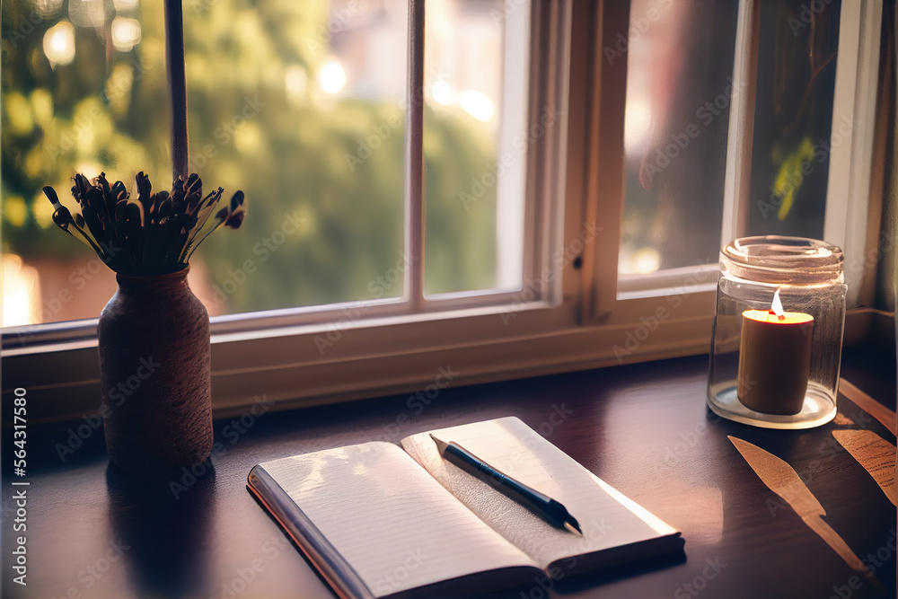 A journal and a pen set on a desk with natural light coming in through ...