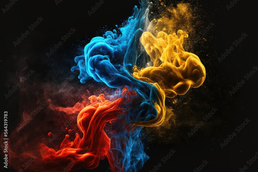 yellow, blue and red smoke with shiny glitter particles abstract Stock ...