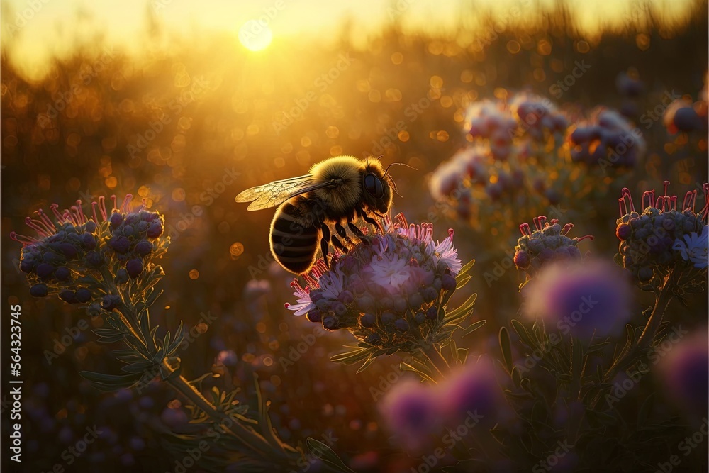 generative AI bee pollinating flowers in a floral field in spring at ...