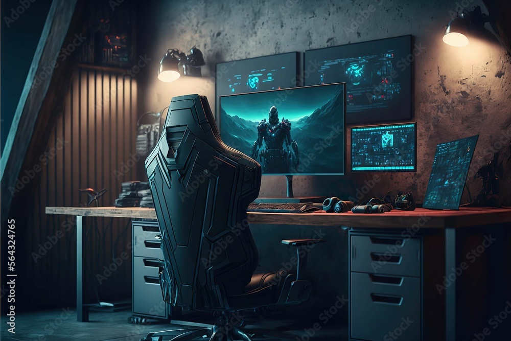 Futuristic Games room with a cyber gamer computer, cyberpunk , and neon ...