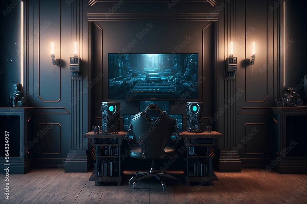 Futuristic Games room with a cyber gamer computer, cyberpunk , and neon ...