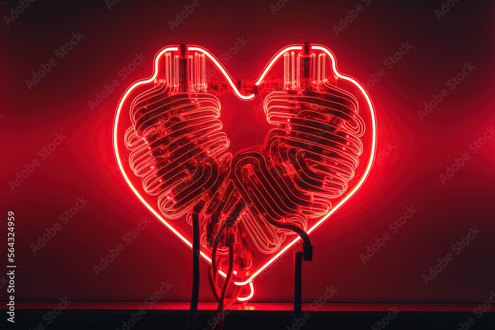 Red heart shape neon light on dark backgorund. Abstract and decoration ...