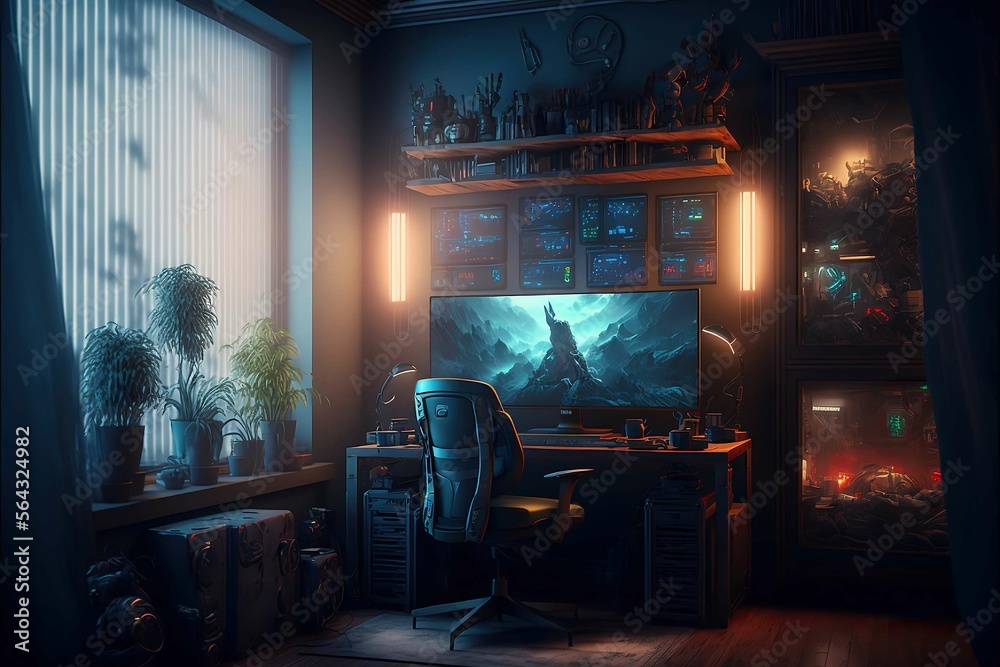Futuristic Games room with a cyber gamer computer, cyberpunk , and neon ...