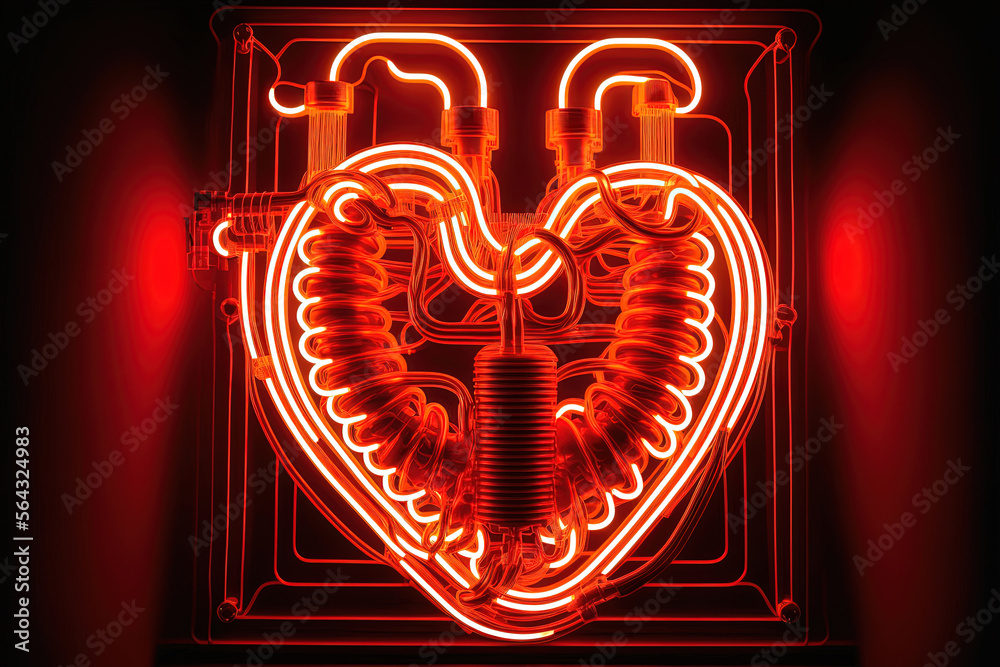 Red heart shape neon light on dark backgorund. Abstract and decoration ...