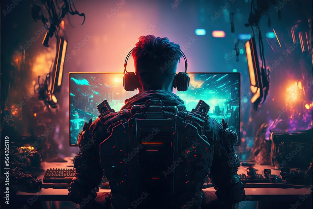 Futuristic Professional E-Sports gamer playing online games computer ...