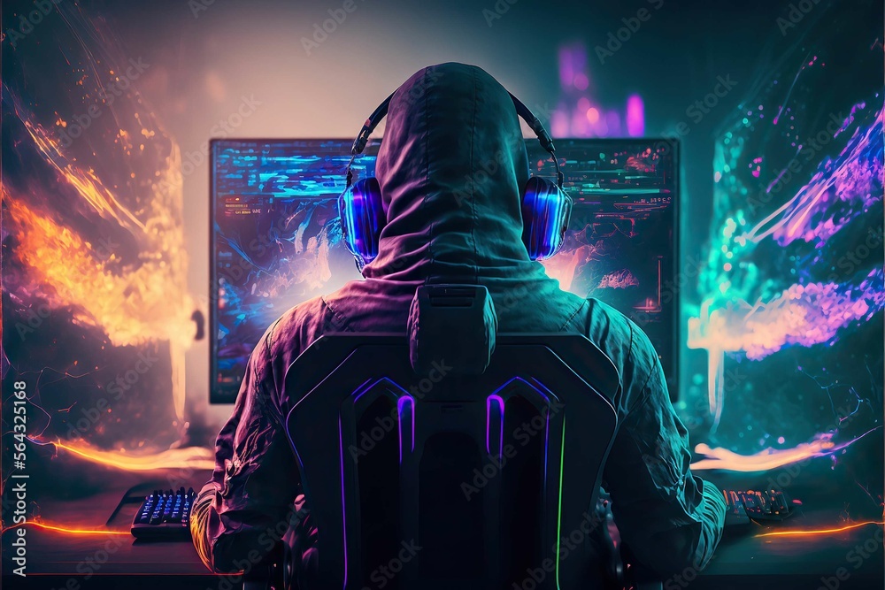 Futuristic Professional E-Sports gamer playing online games computer ...