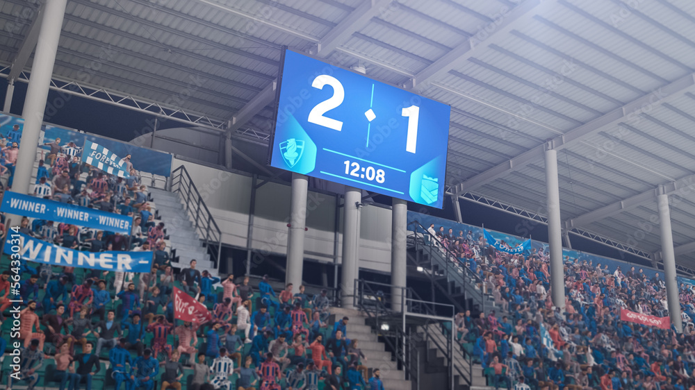 Football Soccer Stadium Championship Match, Scoreboard Screen Showing Score of 2:1. Crowd of ...
