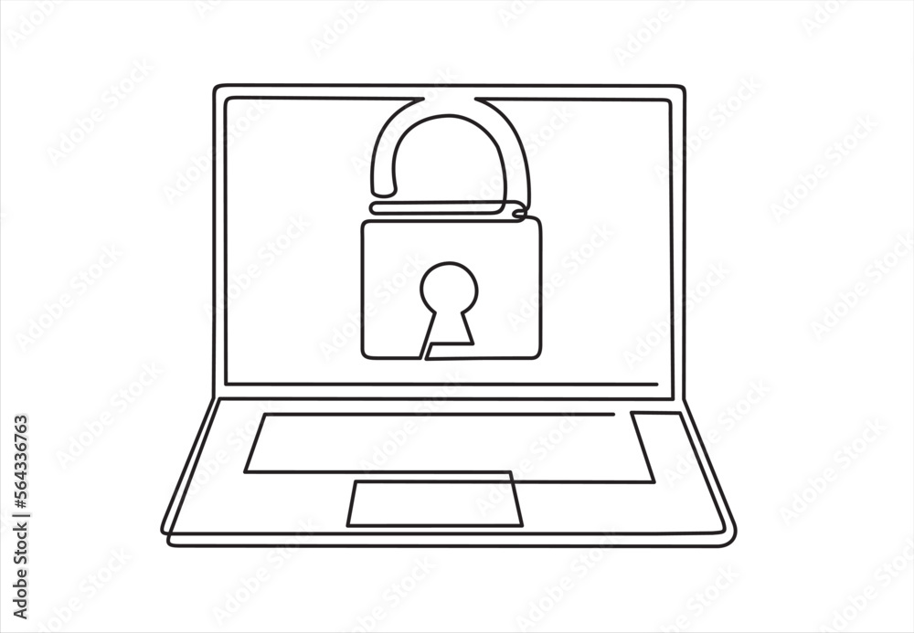 continuous one single line drawing of laptop with folder and padlock on ...