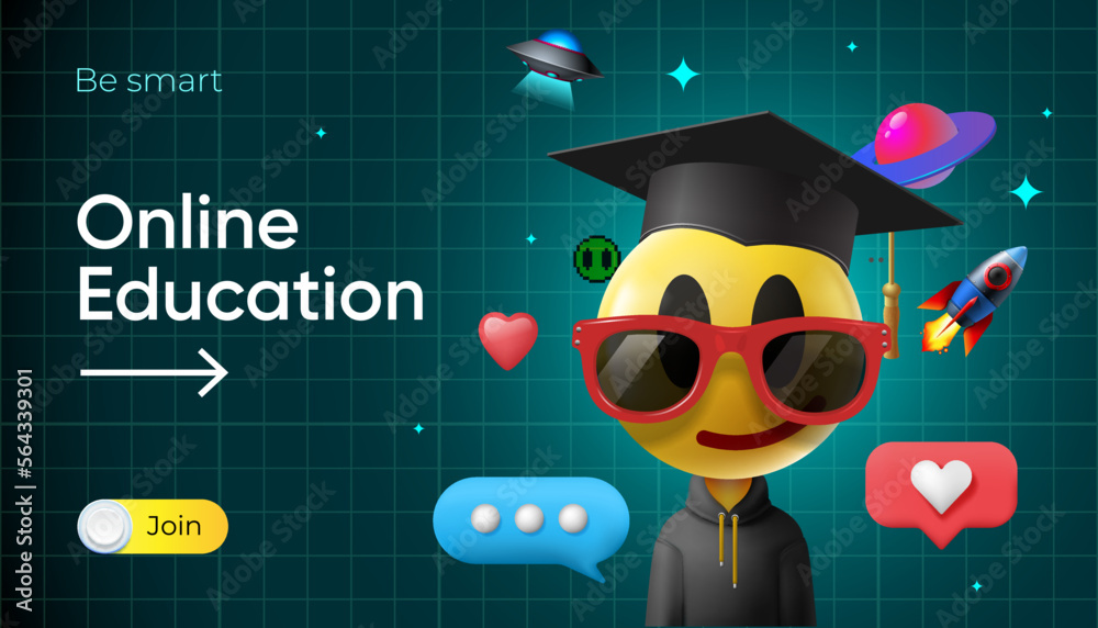 Online education web banner with emoji Smiling face in graduation hat ...